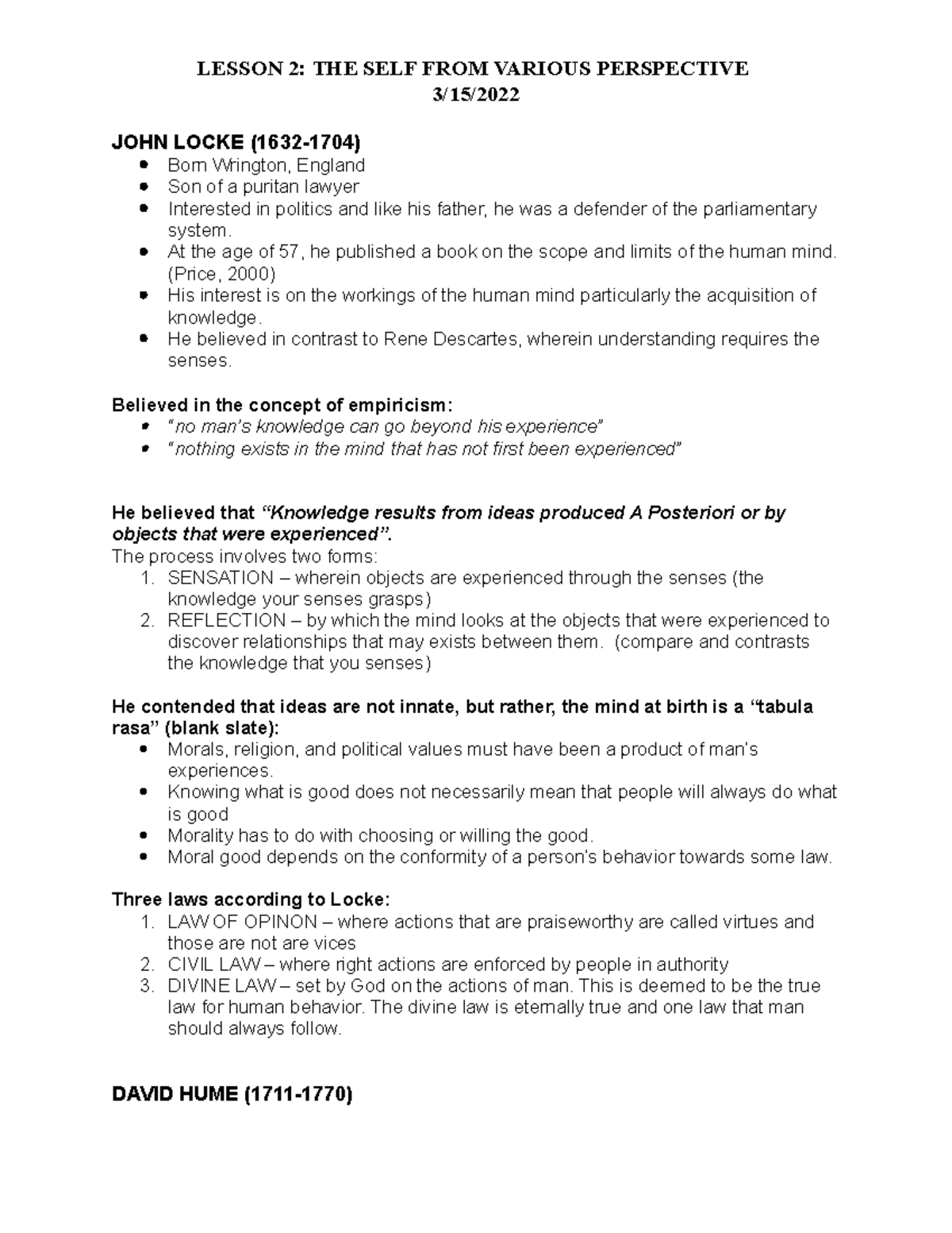 Understanding The Self NOtes Lesson 2 - 3/15/ JOHN LOCKE (1632-1704 ...