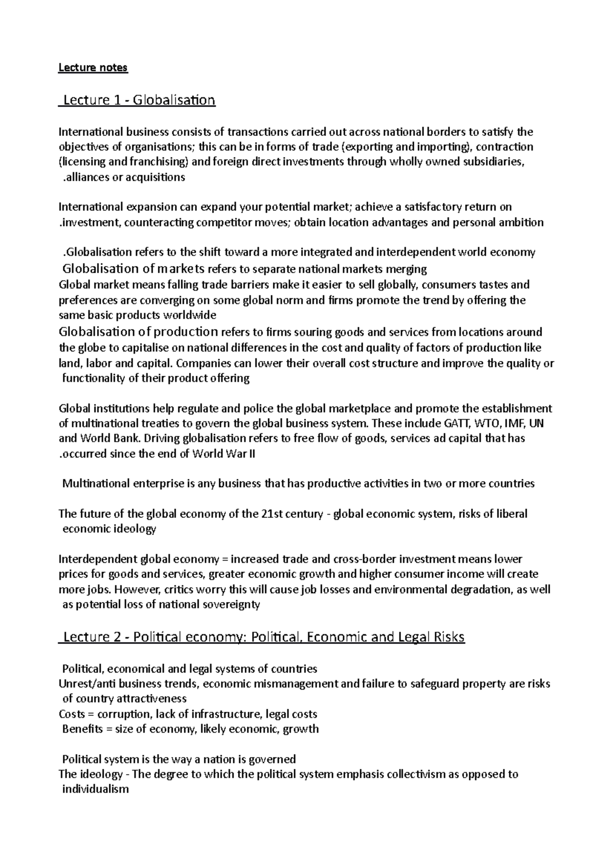 Int Business Notes - Lecture notes Lecture 1 - Globalisation ...