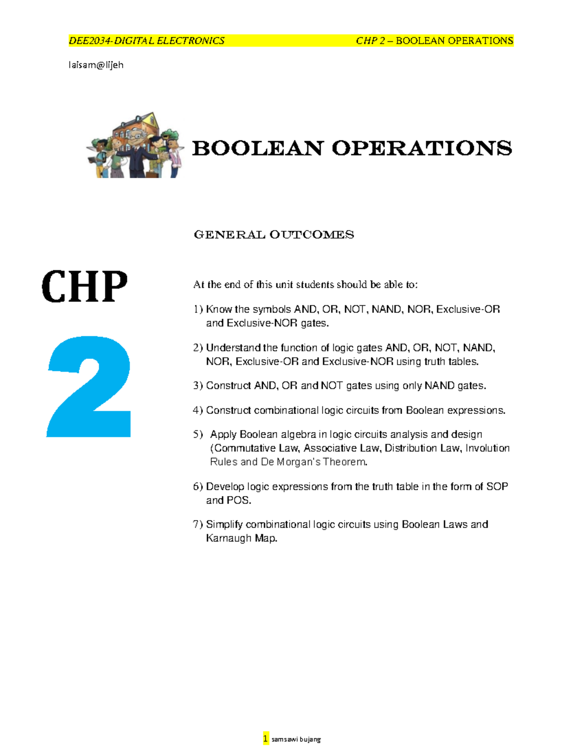 Chapter 2 Boolean Operations - laisam@lijeh GENERAL outcomes At the end ...
