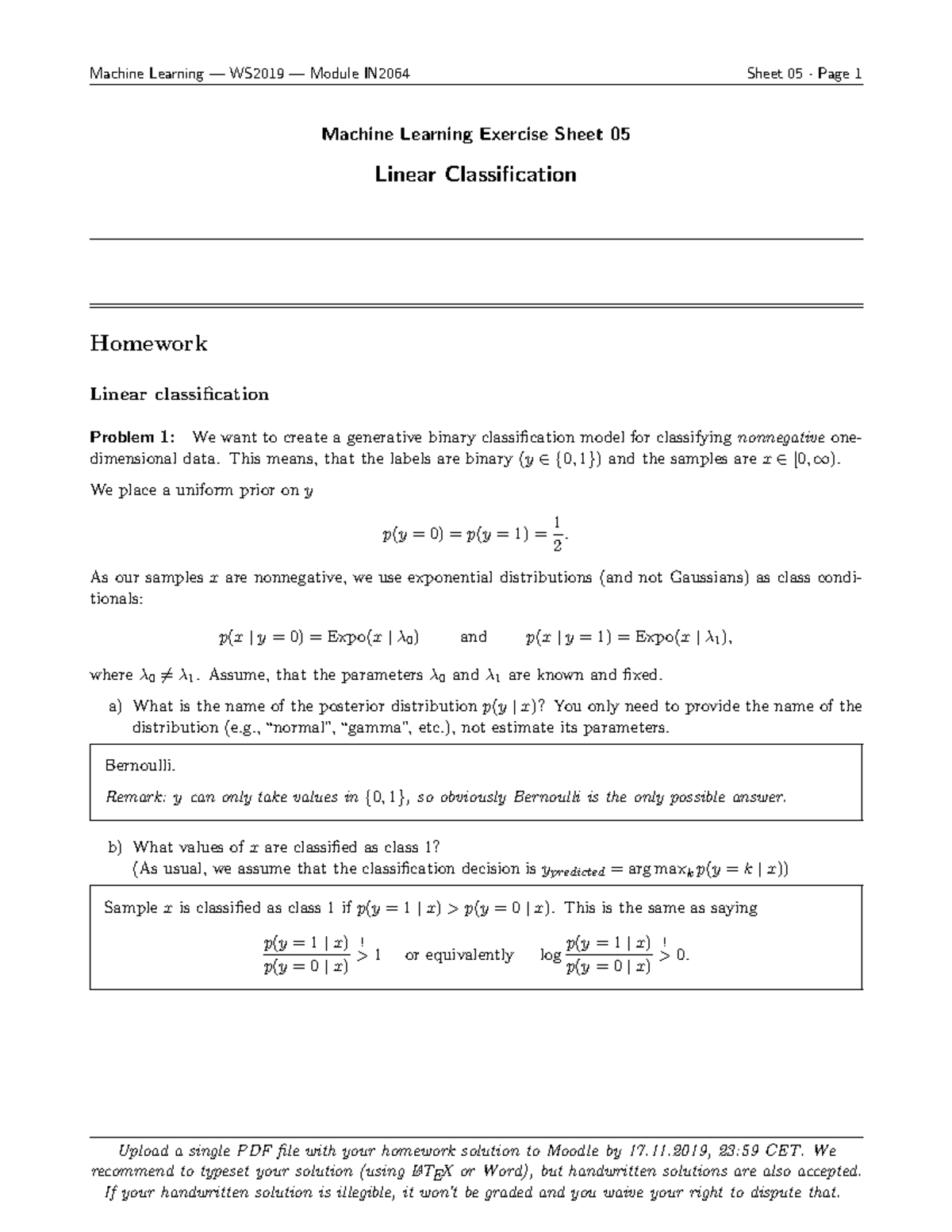Exercise solution 05 linear classification solution - Machine Learning Exercise Sheet 05 Linear ...