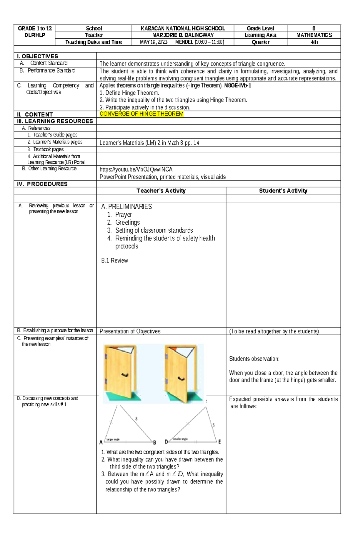 DLP Converge OF Hinge Theorem Dli pa final - GRADE 1 to 12 DLP/HLP School KABACAN NATIONAL HIGH ...