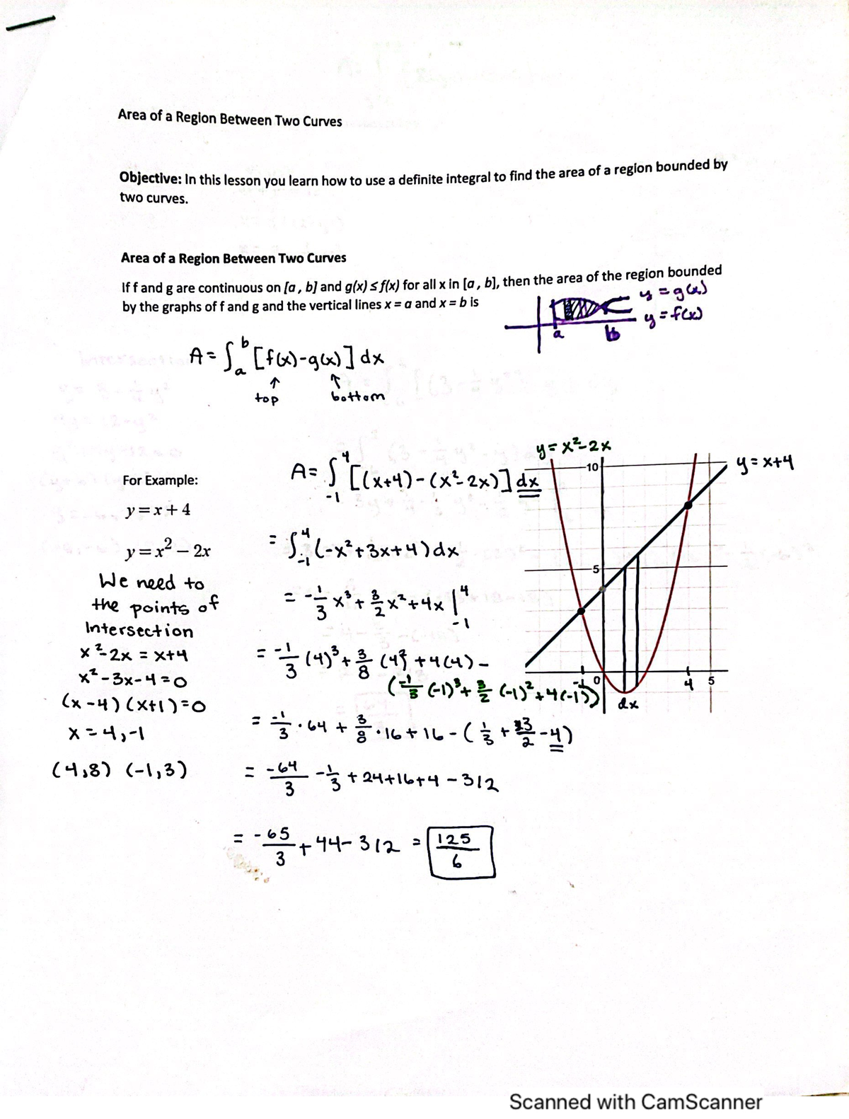 Calculus lecture notes on area of a region between two curves - MATH ...