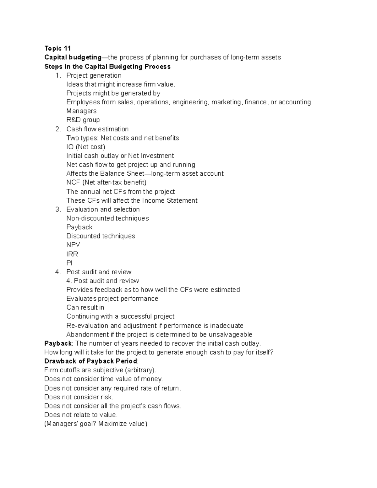 FINA EXAM 3 - Lecture notes Exam 3 Review - Topic 11 Capital budgeting ...