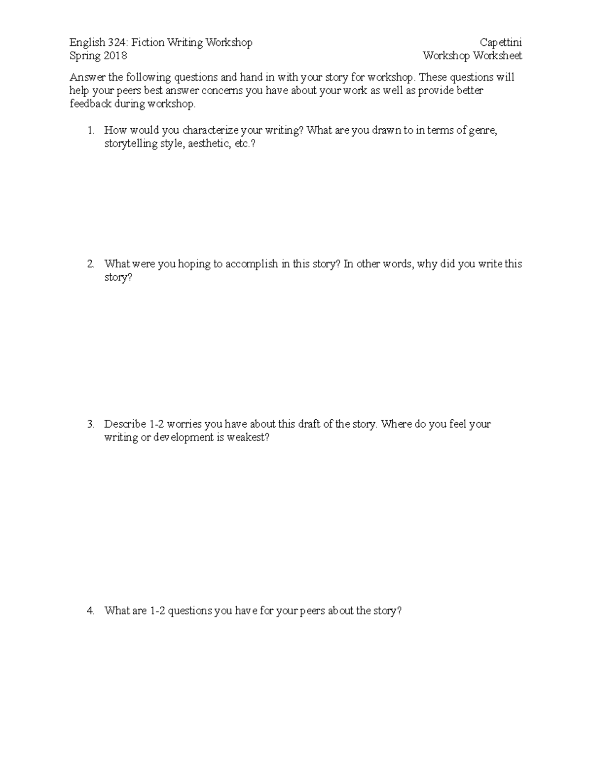 324 Workshop Worksheet (Spring 2018 ) - English 324: Fiction Writing ...