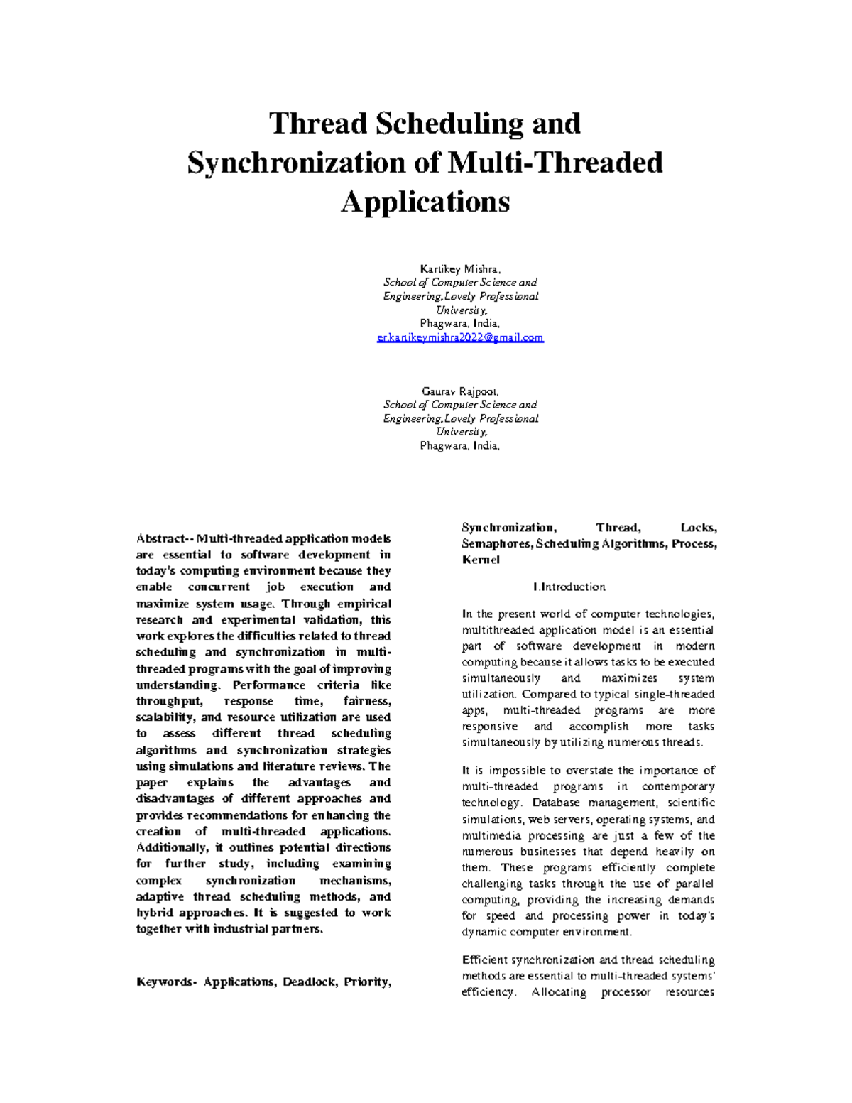 Term Paper 1 - Thread Scheduling and Synchronization of Multi-Threaded Applications Kartikey ...