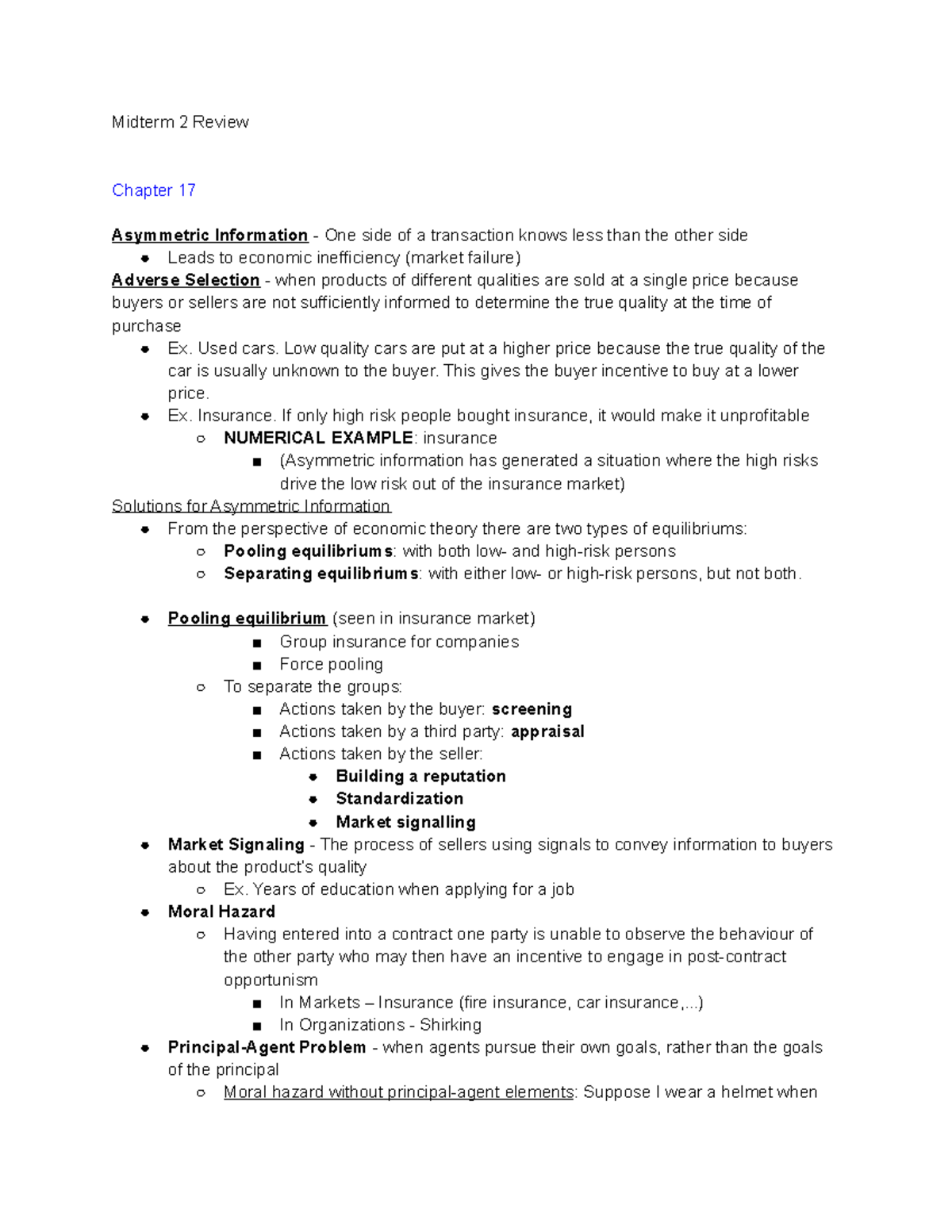 ECON Midterm 2 Study Guide - Midterm 2 Review Chapter 17 Asymmetric Information - One side of a ...