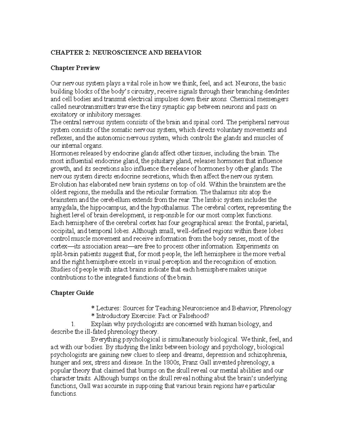 Chapter 2studynotes - Notes for apes - CHAPTER 2: NEUROSCIENCE AND ...