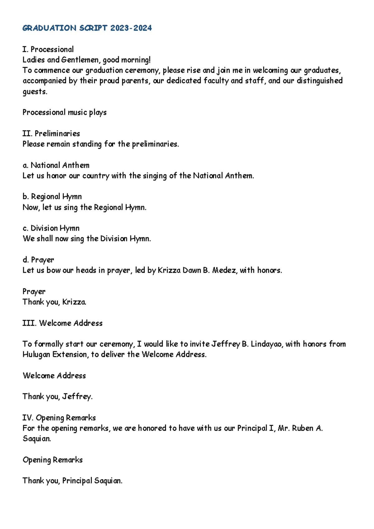 Graduation Emcee Script - GRADUATION SCRIPT 2023- I. Processional ...