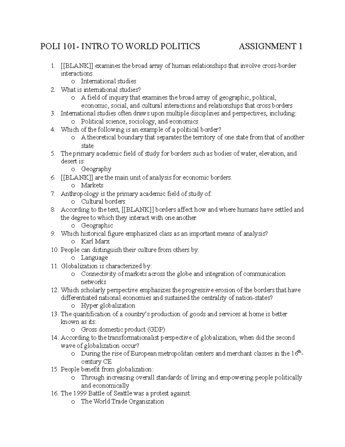 POLI 101 assignment 1 - Dr. Min Ye - POLI 101- INTRO TO WORLD POLITICS ...