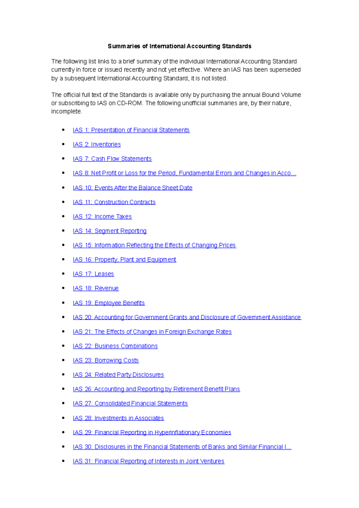 Summaries of International Accounting Standards - Where an IAS has been superseded by a ...