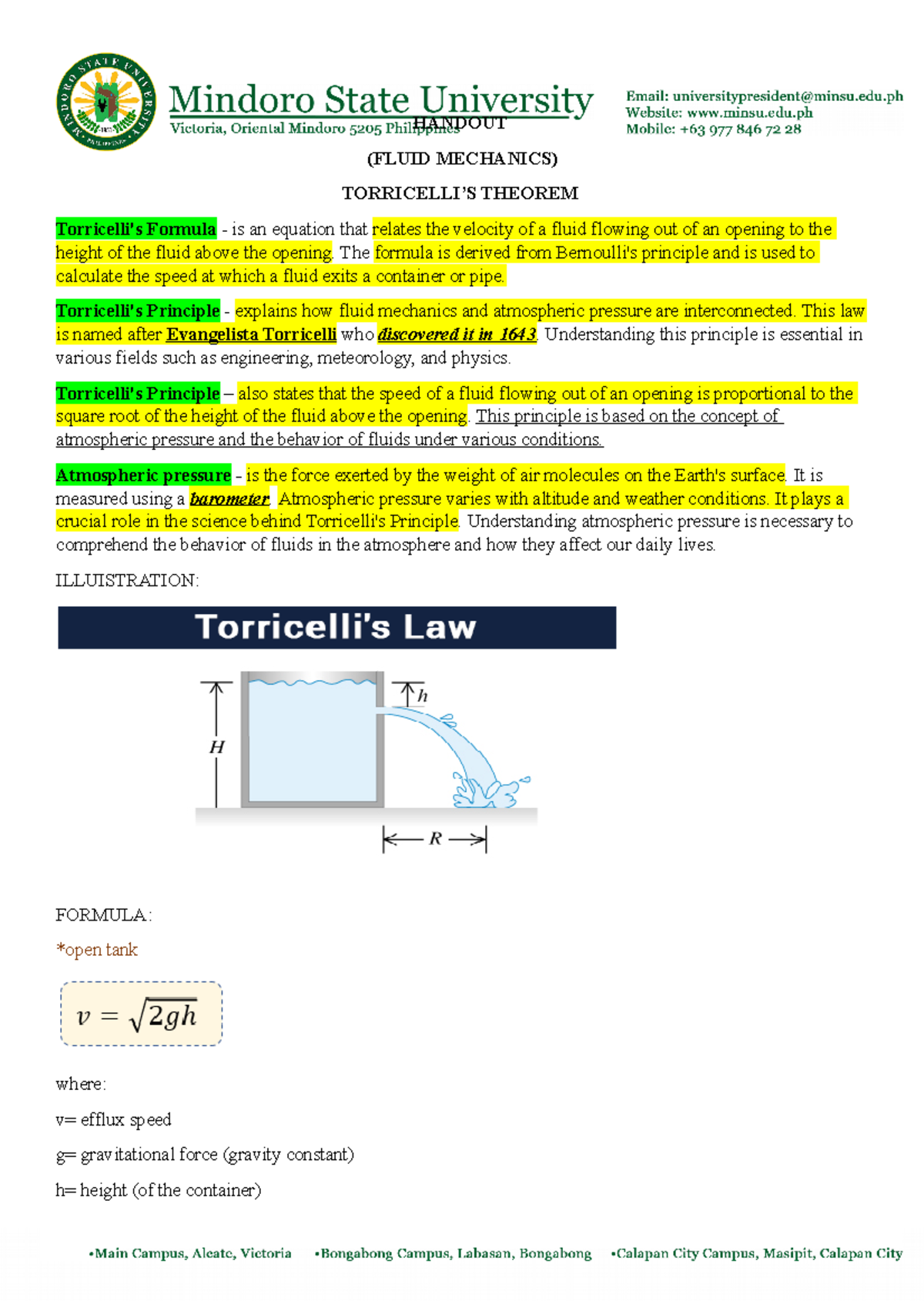 Handout - HANDOUT (FLUID MECHANICS) TORRICELLI’S THEOREM Torricelli's ...