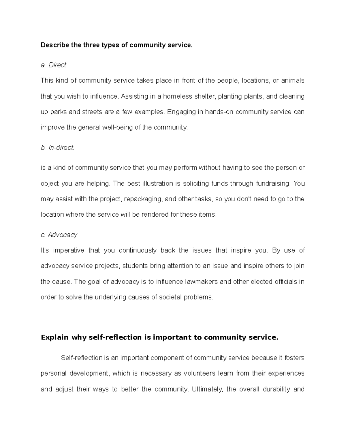 Assignment CWTS 2 - Describe the three types of community service. a ...