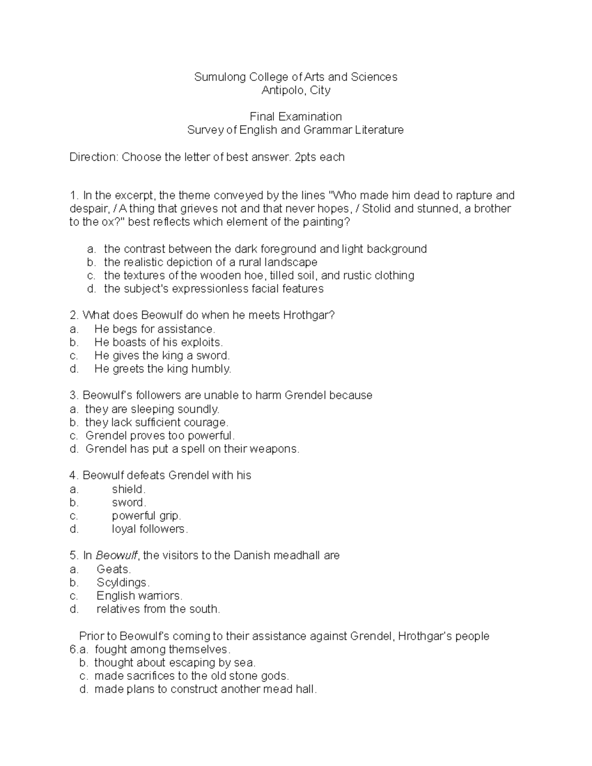 Final Exam Survey of English and Grammar Literature - Sumulong College ...