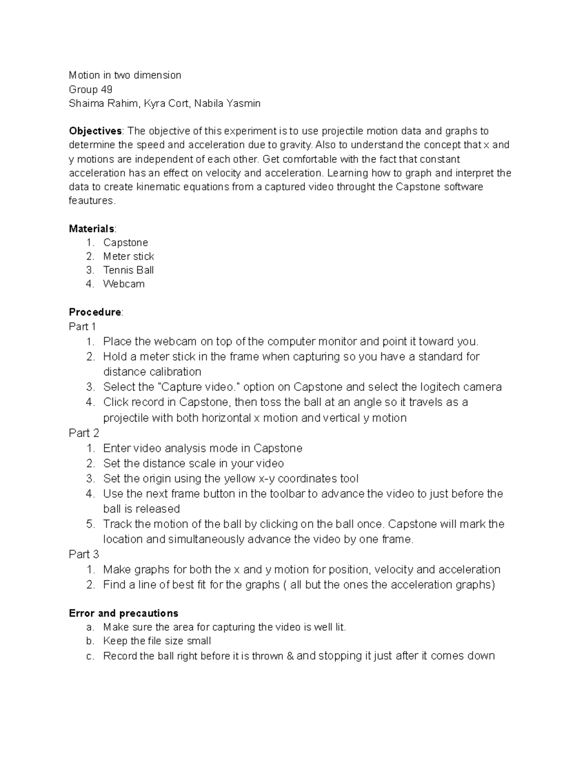Motion in 2D - lab - Motion in two dimension Group 49 Shaima Rahim ...