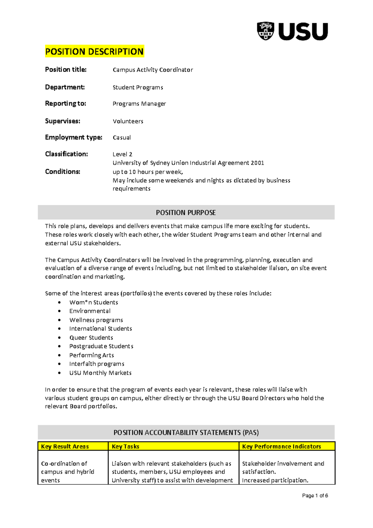 Campus Activity Coordinator Position Description Feb 2023 - POSITION ...