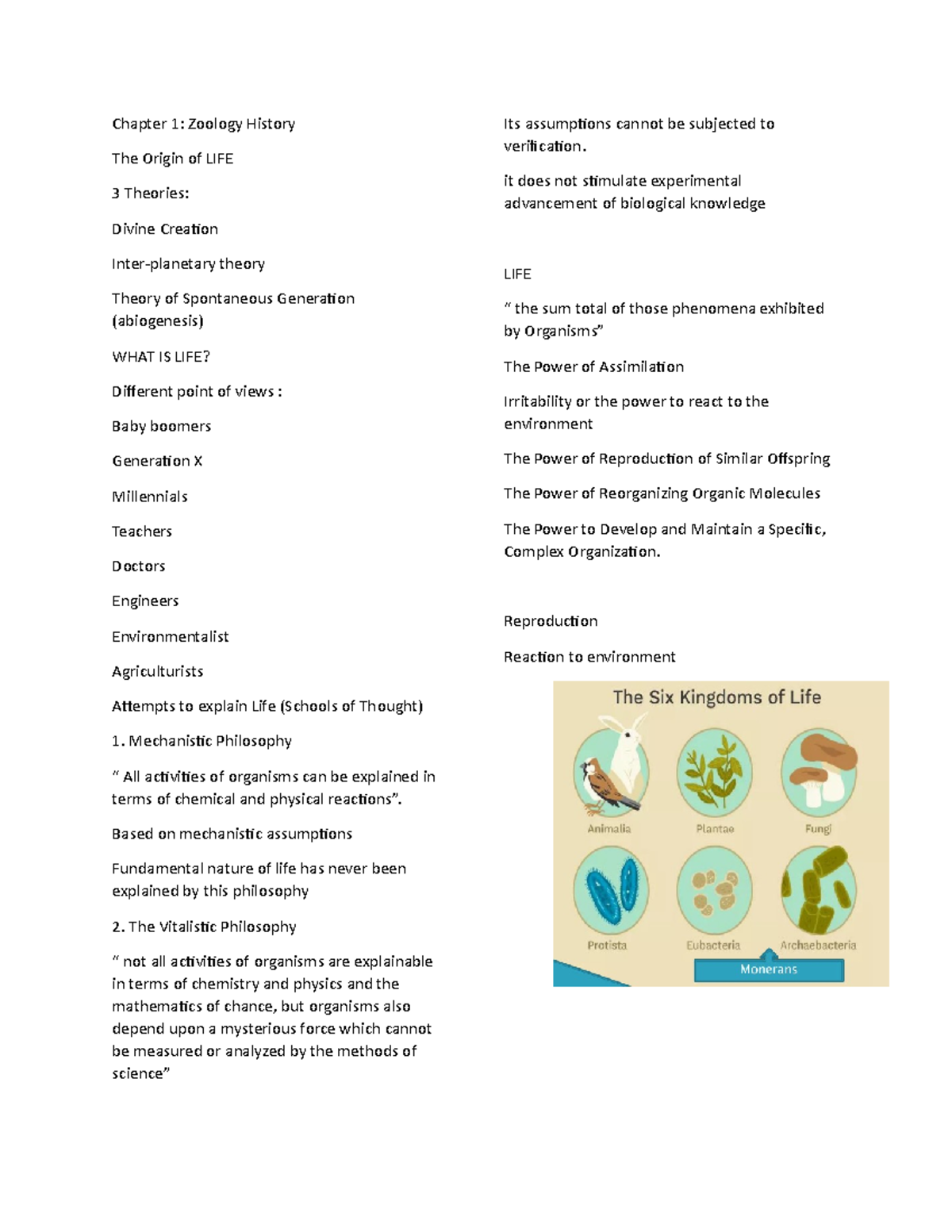 ZOO CHAPTER 1-5c - Chapter 1: Zoology History The Origin of LIFE 3 ...