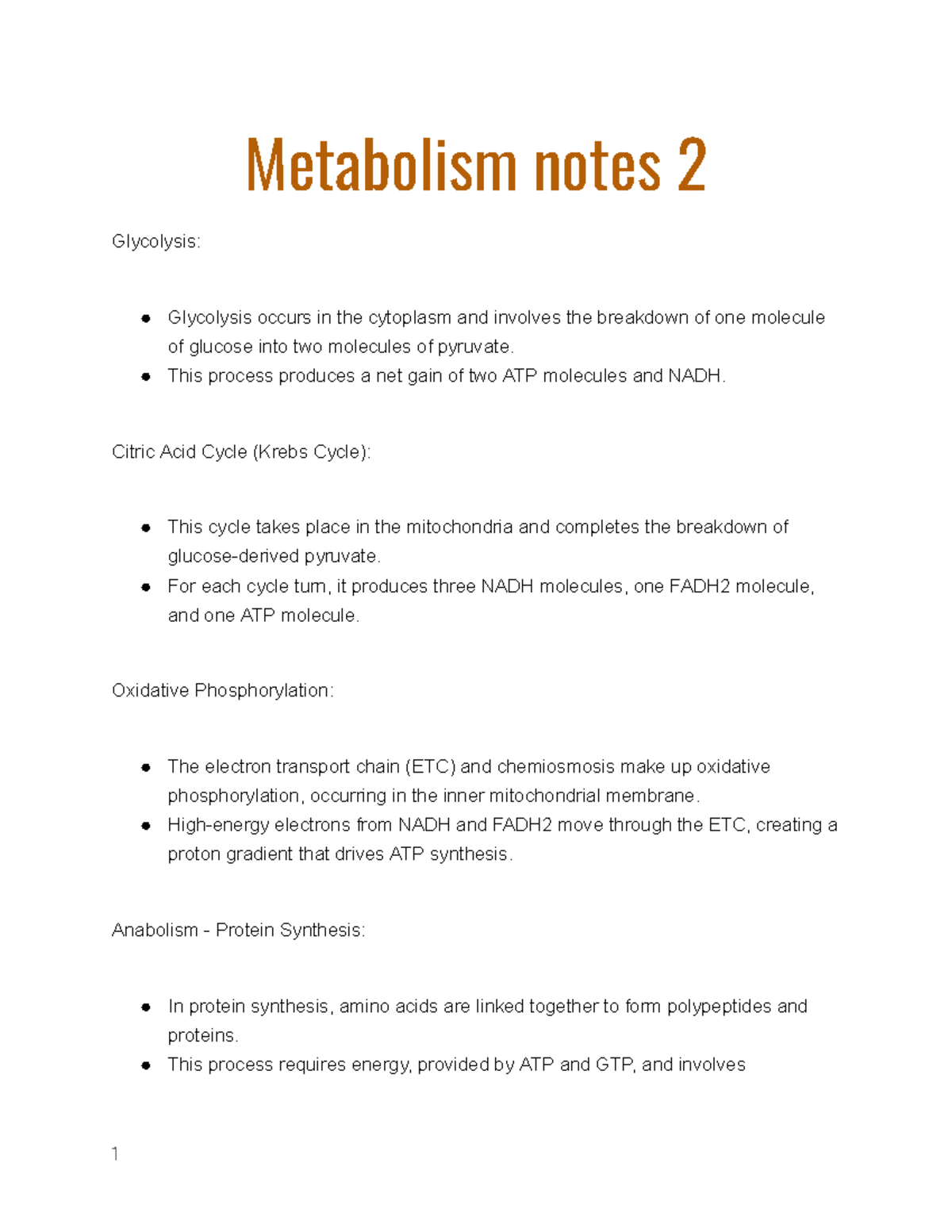 Metabolism 2 - Notes - Metabolism notes 2 Glycolysis: Glycolysis occurs ...