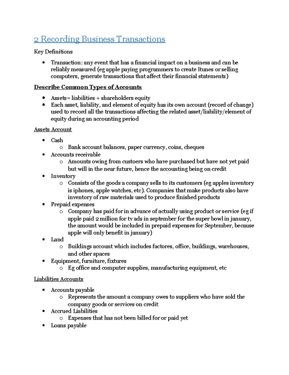 Commerce Chapter 2 Notes - 2 Recording Business Transactions Key ...