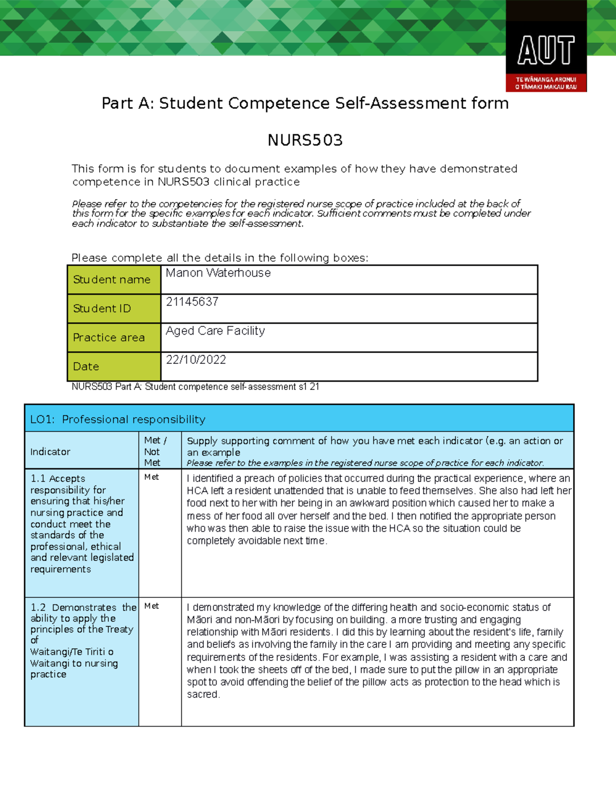 Nurs503 Part A student competence self-assessment Sem 1 2022 - Part A ...