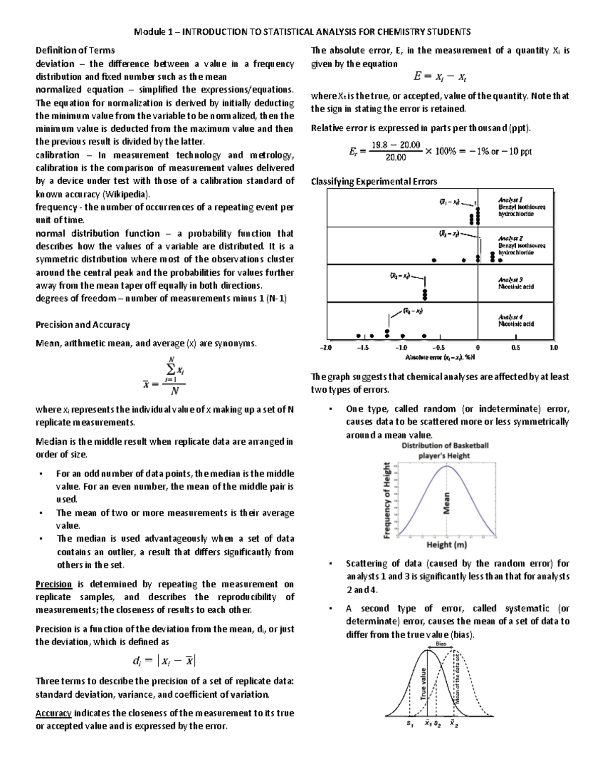 Module 1A Notes - Introduction to Statistical Analysis for Chemistry ...