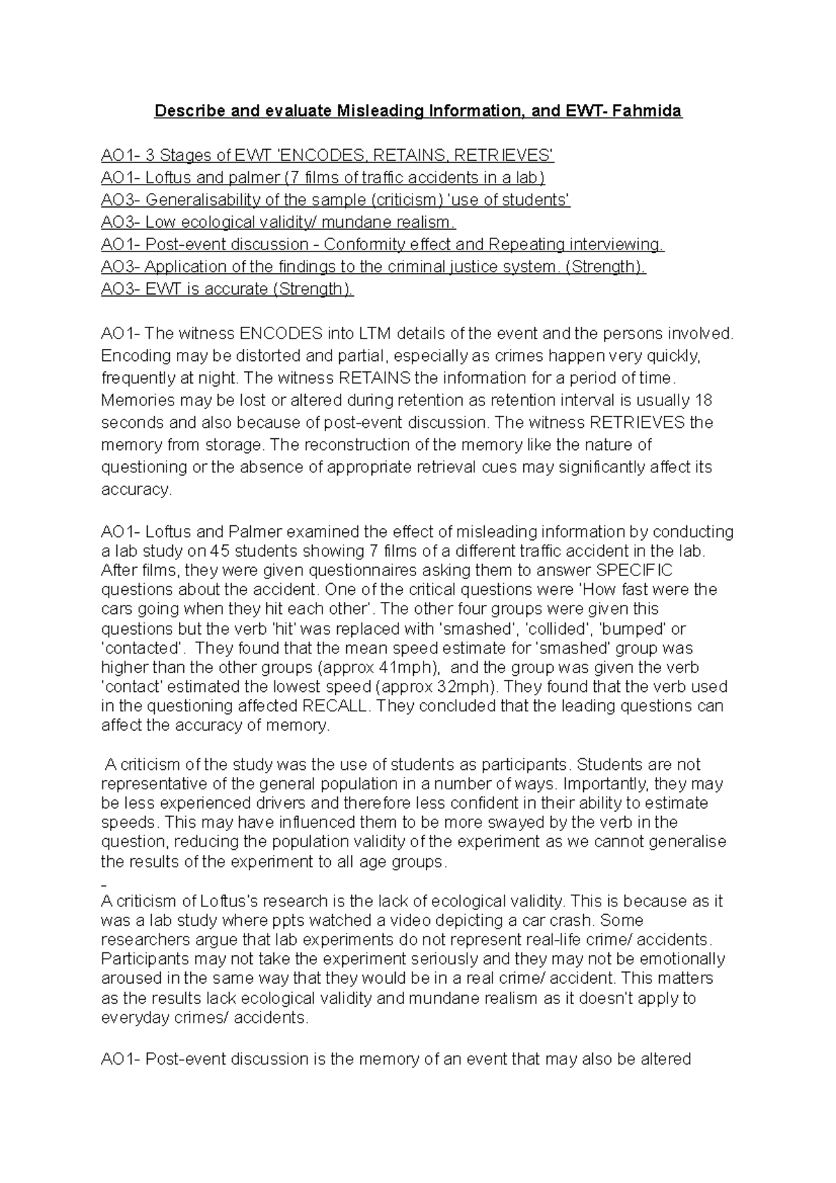 Misleading Information and EWT Essay - Describe and evaluate Misleading ...