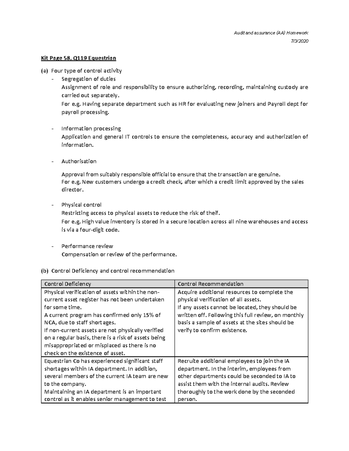 F8 (AA) Kit - Que 119 Equestrain - Audit and assurance (AA) Homework 7/3/ Kit Page 58, Q119 ...