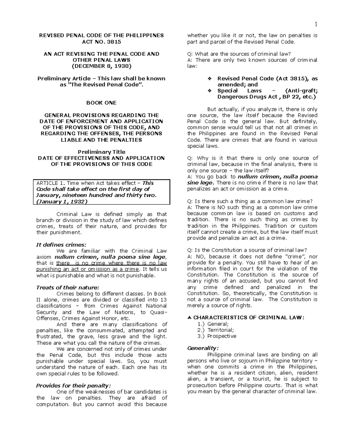 Dean Inigo Lectures Criminal Law I Notes - REVISED PENAL CODE OF THE ...