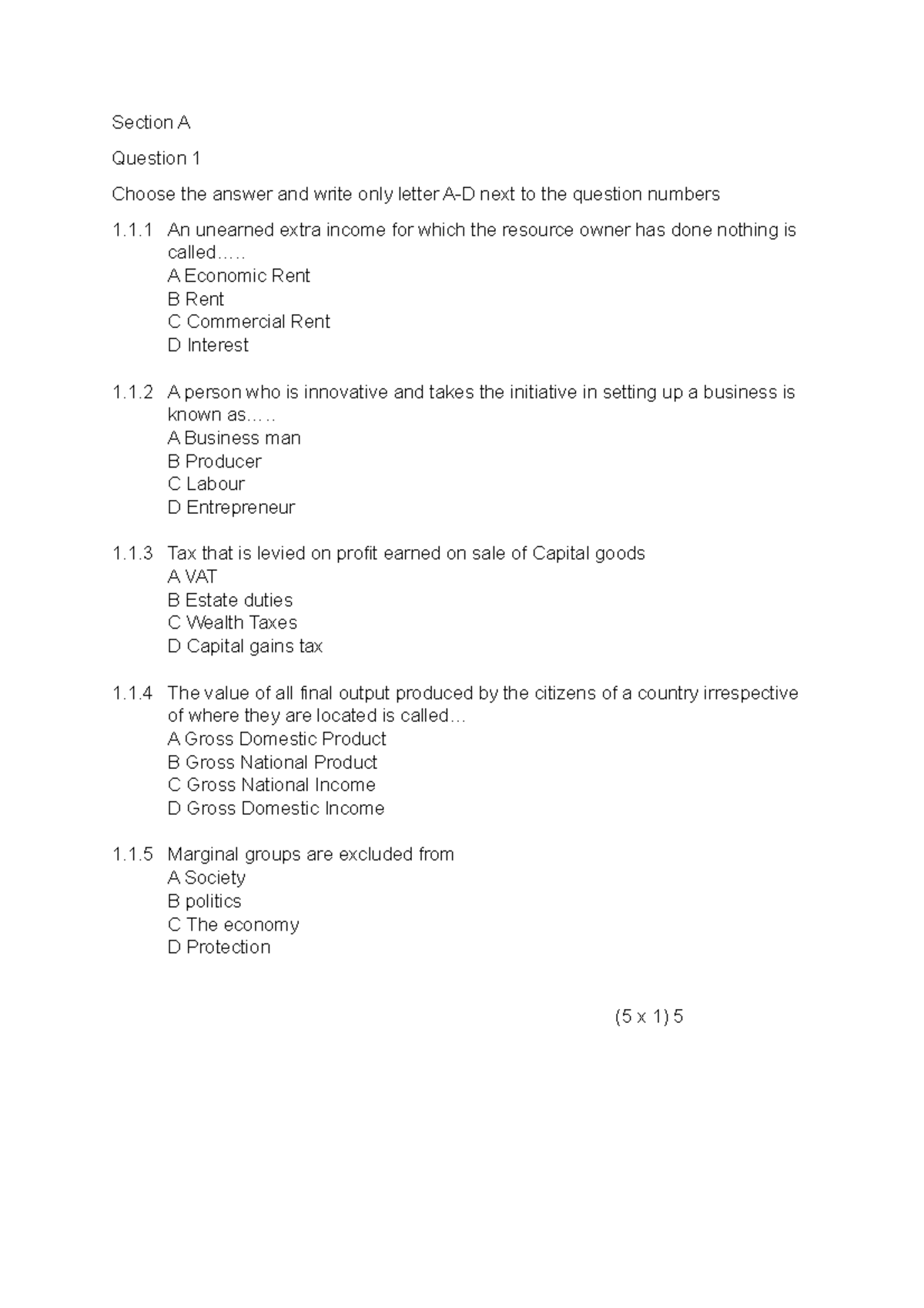 Grade 11 TEST 1 21 FEB 2023 - Section A Question 1 Choose the answer ...