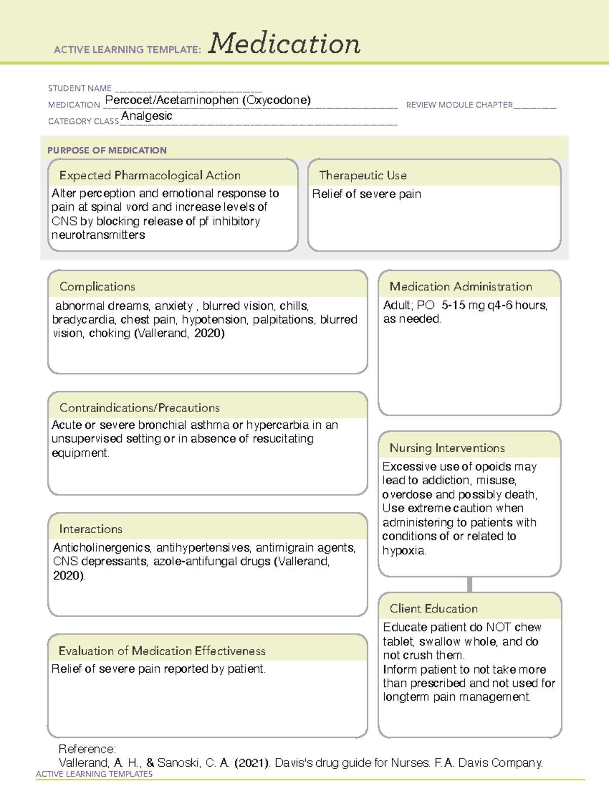 Percocet: acetaminophen - ACTIVE LEARNING TEMPLATES Medication STUDENT ...