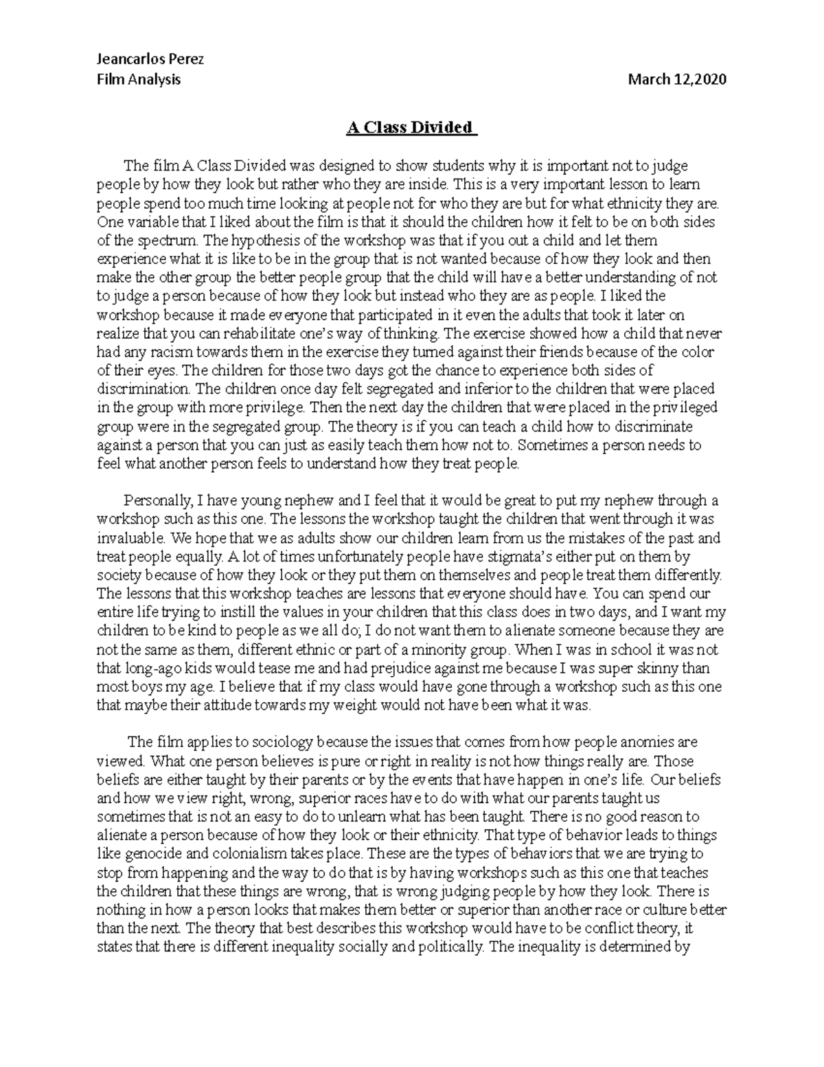 A Class Divided - film analysis - Jeancarlos Perez Film Analysis March ...