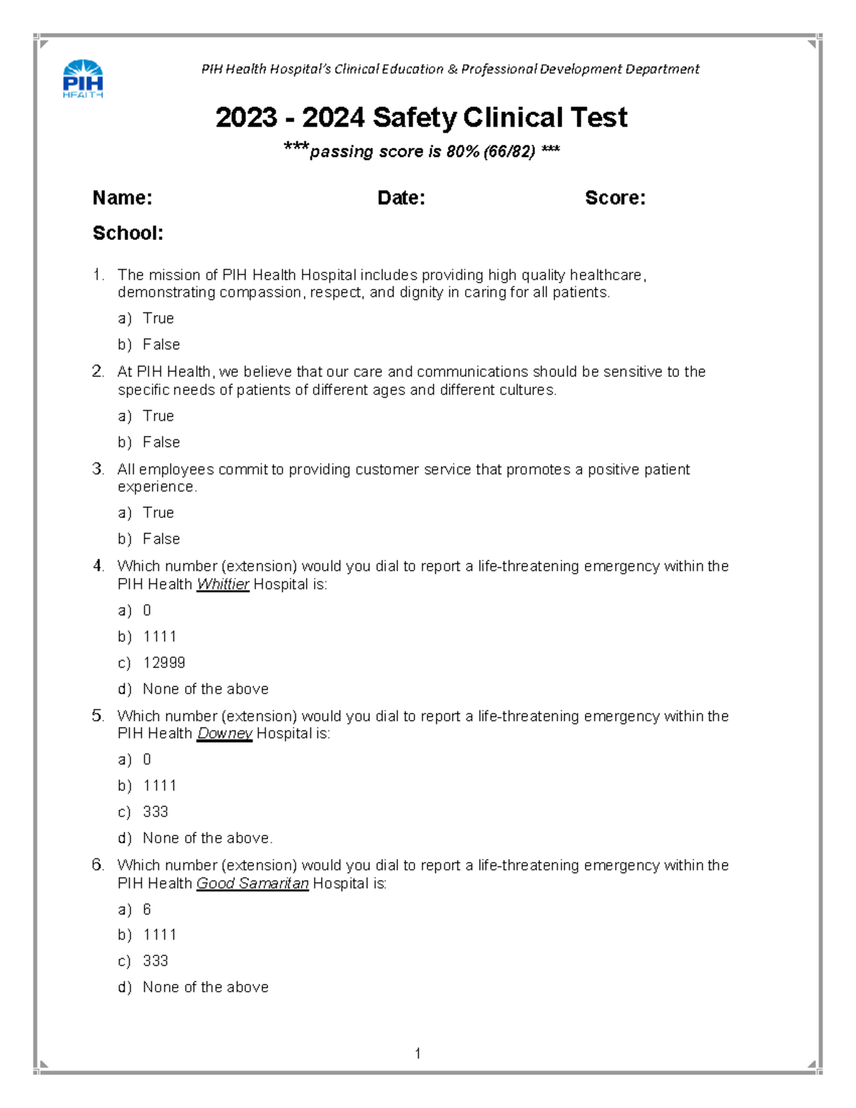 Test - 2023 - 2024 PIH Health Hospital Safety Clinical - 2023 - 2024 ...
