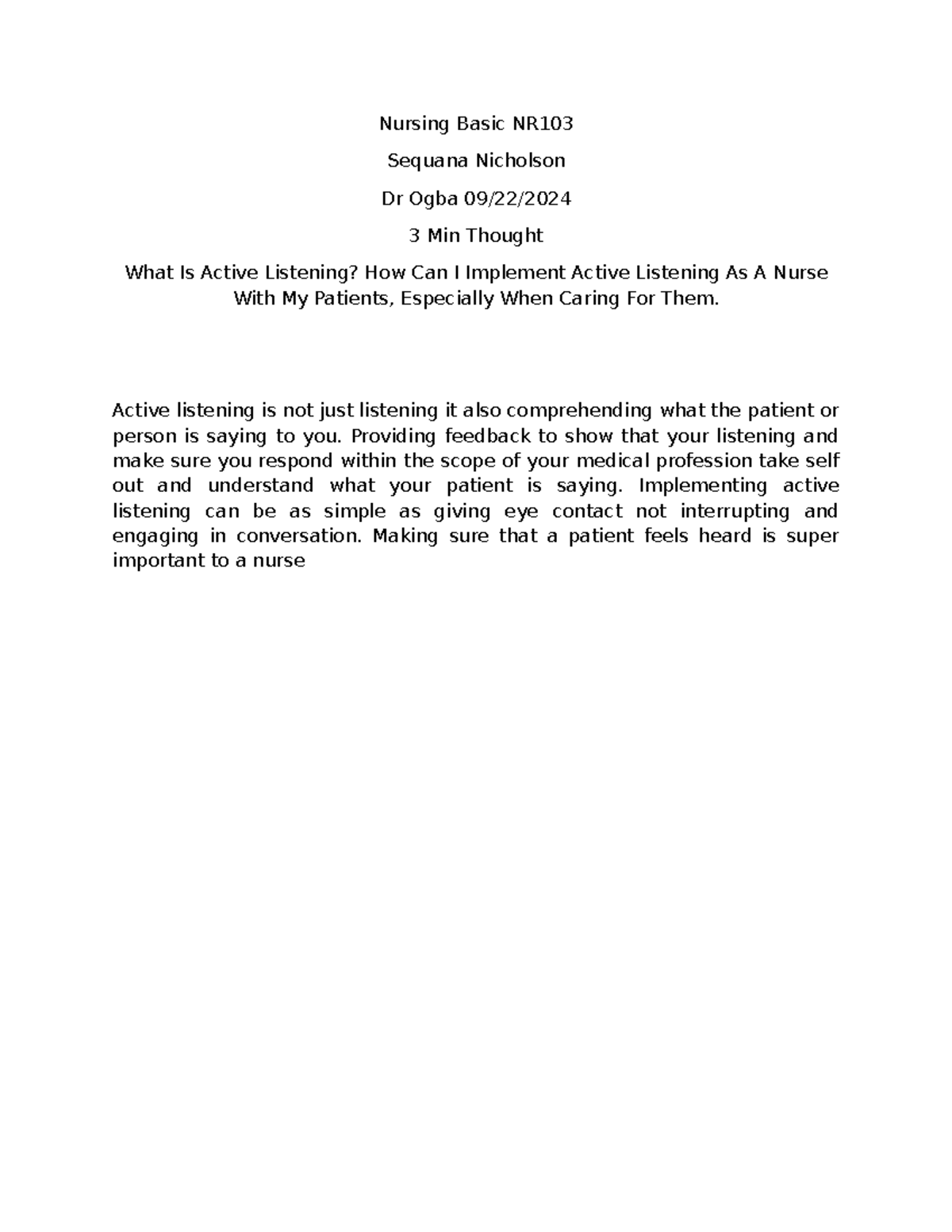 Nursing Basic NR103 wk 4 - Nursing Basic NR Sequana Nicholson Dr Ogba ...