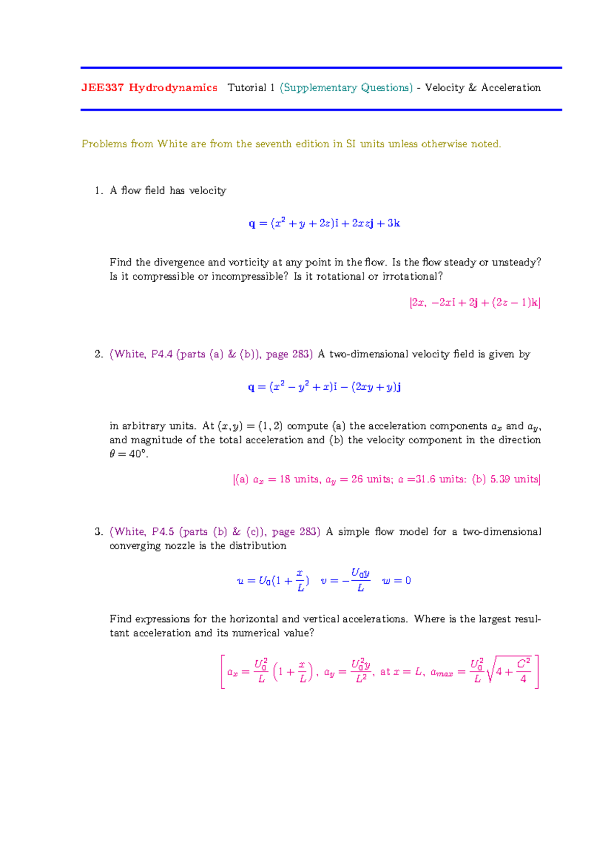 Tutorial s1 2018 supp - JEE337 Hydrodynamics Tutorial 1 (Supplementary Questions) Velocity - Studocu
