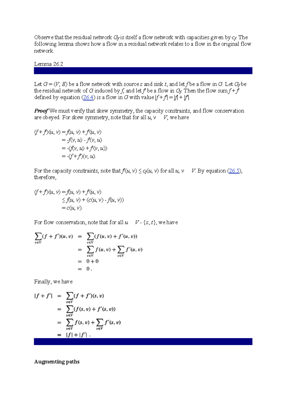 Algorithm PART 6 Maximum FLOW - Chapter 26 - Observe that the residual network G f is itself a ...