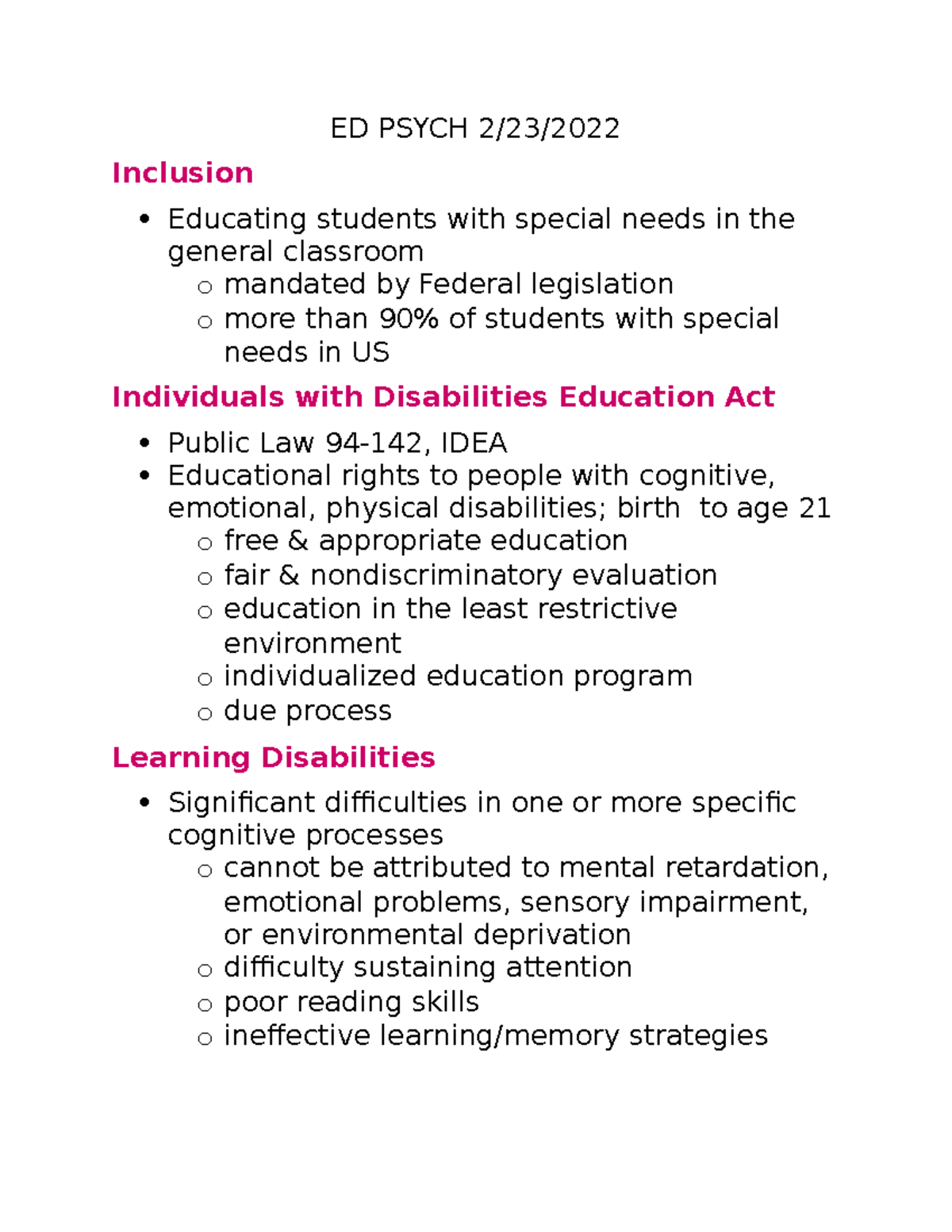 ED Psych Notes(2-23) - Lecture notes 12: - ED PSYCH Inclusion Educating ...
