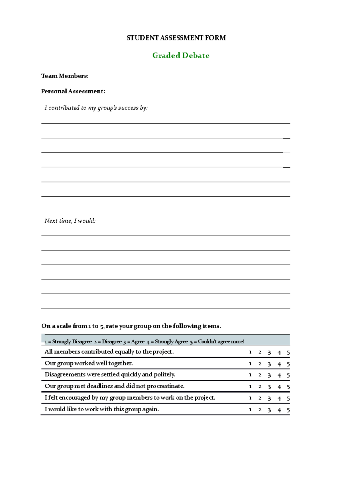 Student PEER Assessment Forms - STUDENT ASSESSMENT FORM Graded Debate ...
