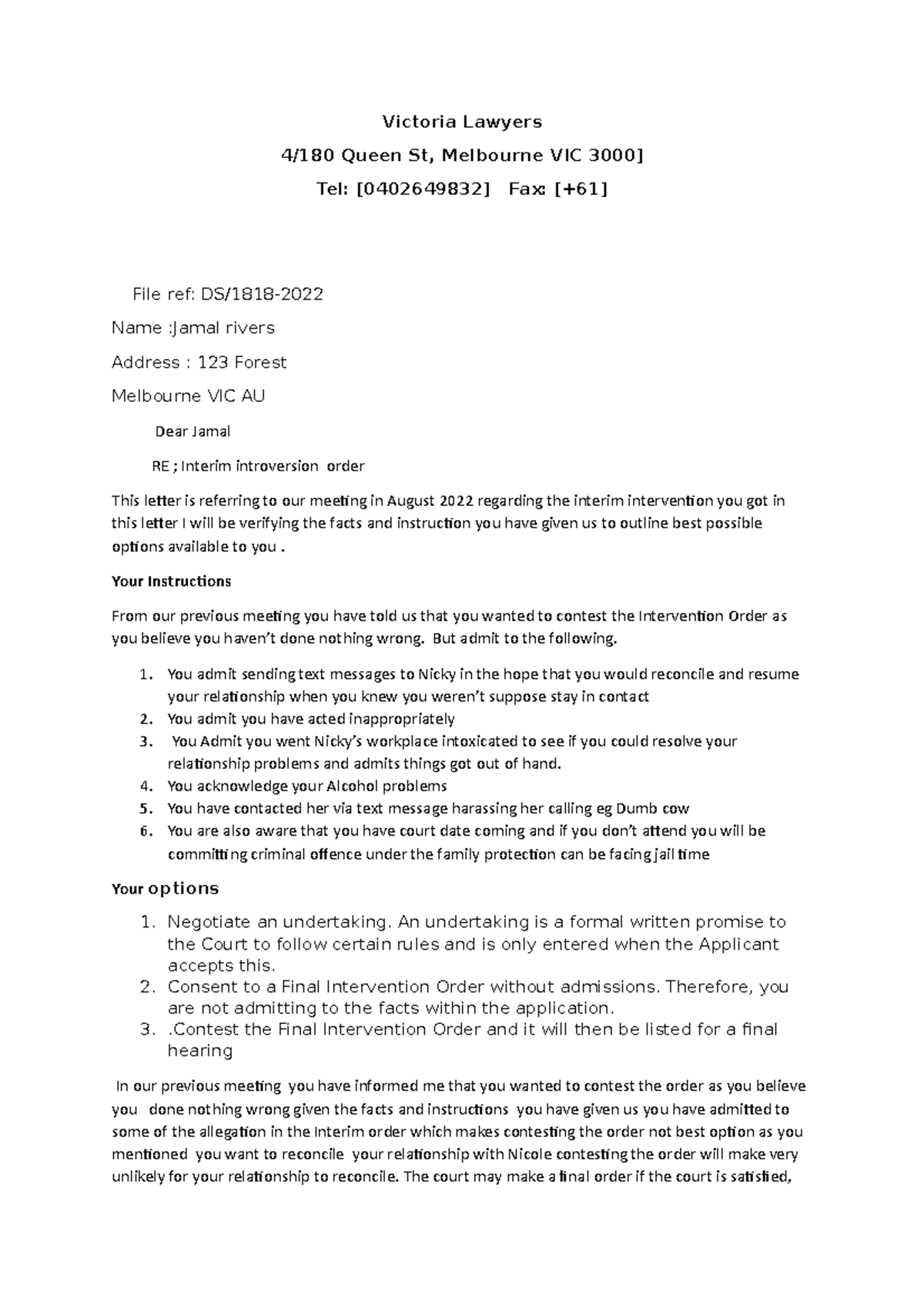 Legal drafting final - Letter of advice - Victoria Lawyers 4/180 Queen ...
