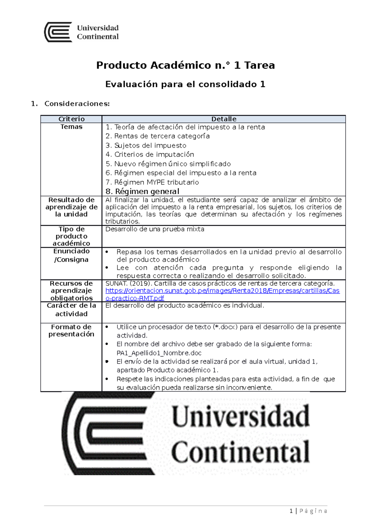 Producto N 1 Renta Empresarial - Producto Académico n.° 1 Tarea Evaluación para el consolidado 1 ...
