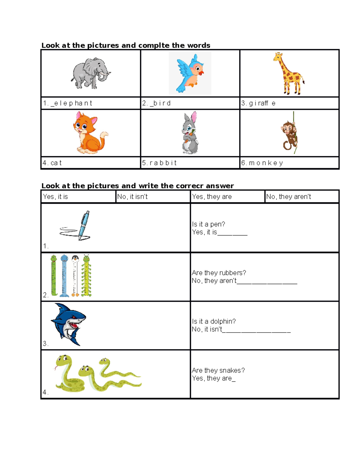 Look at the pictures and complte the words - _b i r d 3. g i raff e ca ...