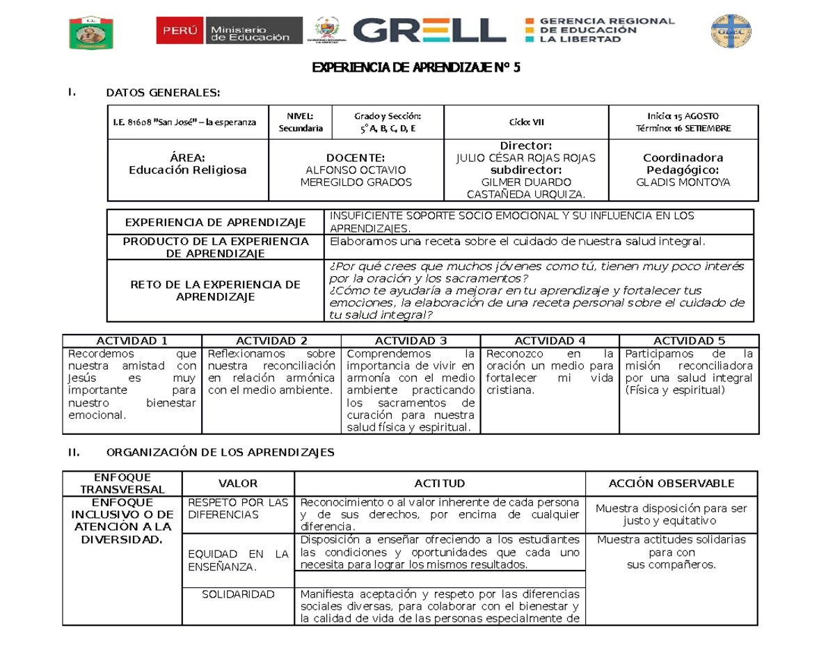 Planificador Experiencia DE Aprendizaje Quinto - EXPERIENCIA DE APRENDIZAJE N° 5 I. DATOS ...