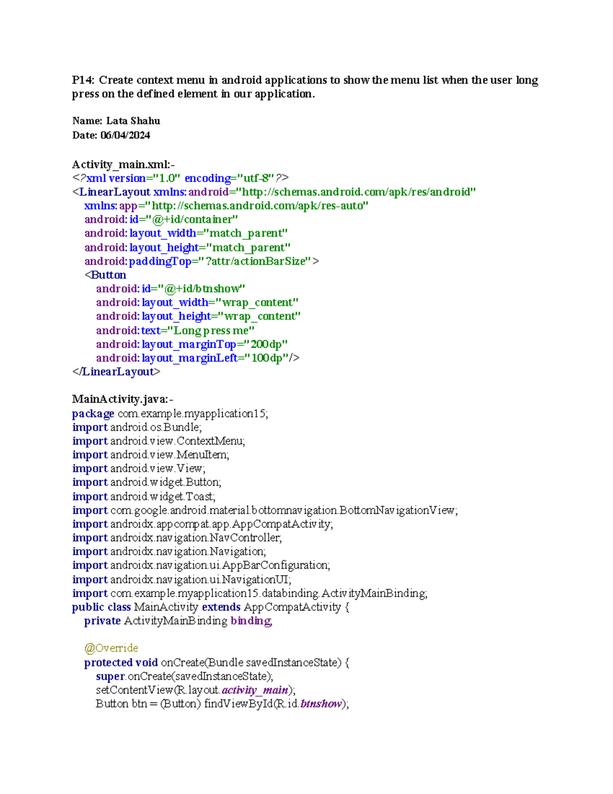 Program 14 - Android - P14: Create context menu in android applications to show the menu list ...