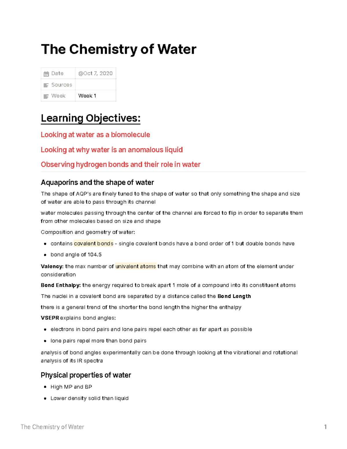 The Chemistry of Water - Lecture notes 2 - The Chemistry of Water 1 The ...