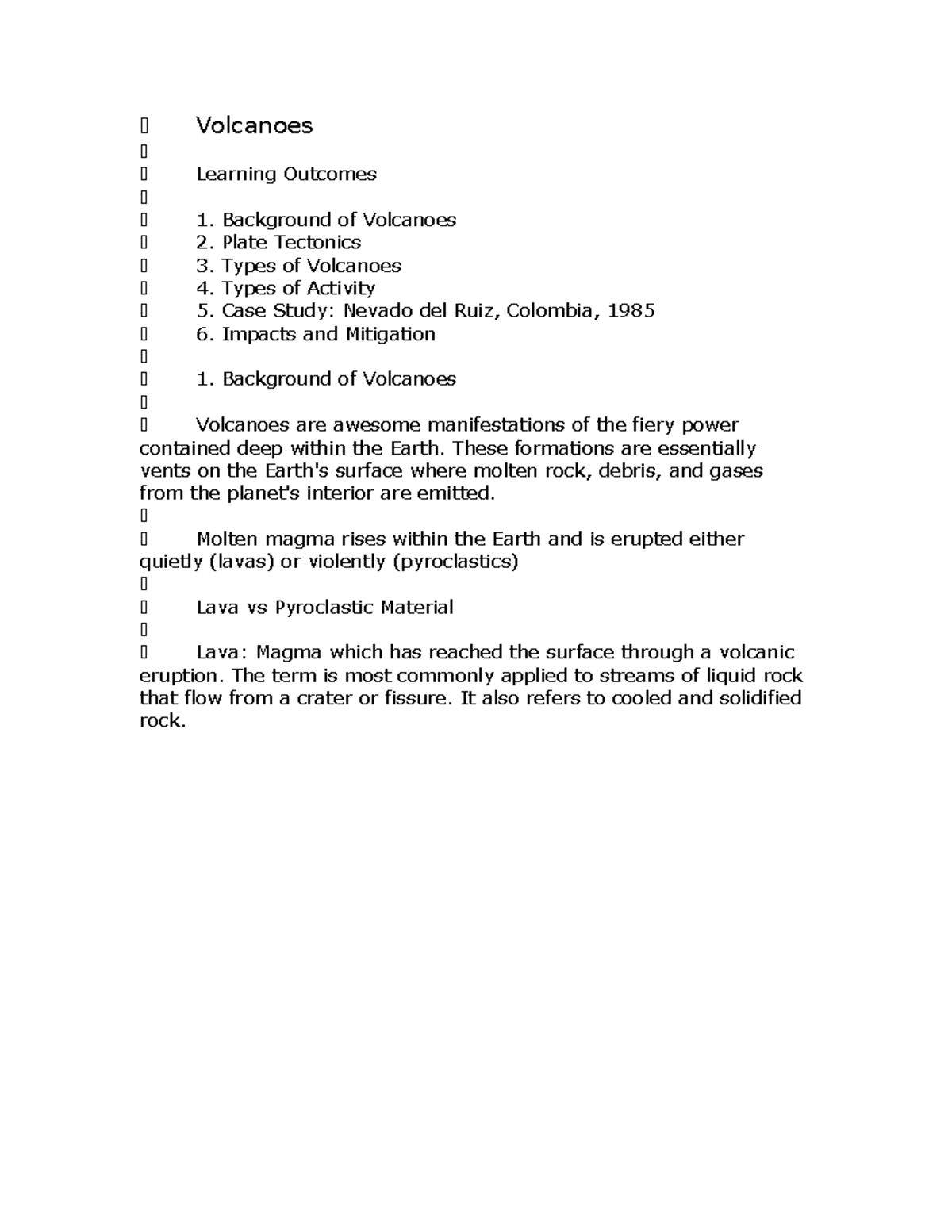 Lecture notes, Volcanoes - Volcanoes Learning Outcomes 1. Background of ...