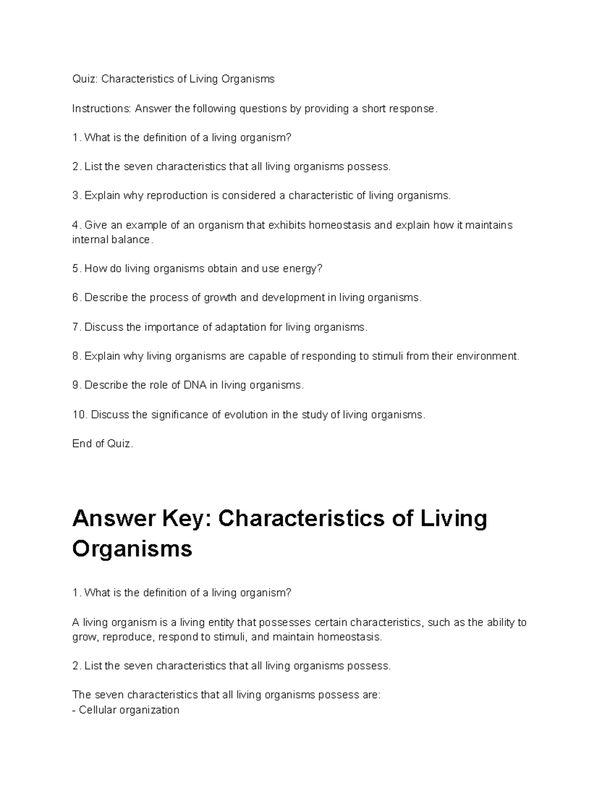 QUIZ - Characteristics of Living Organisms - Quiz: Characteristics of ...