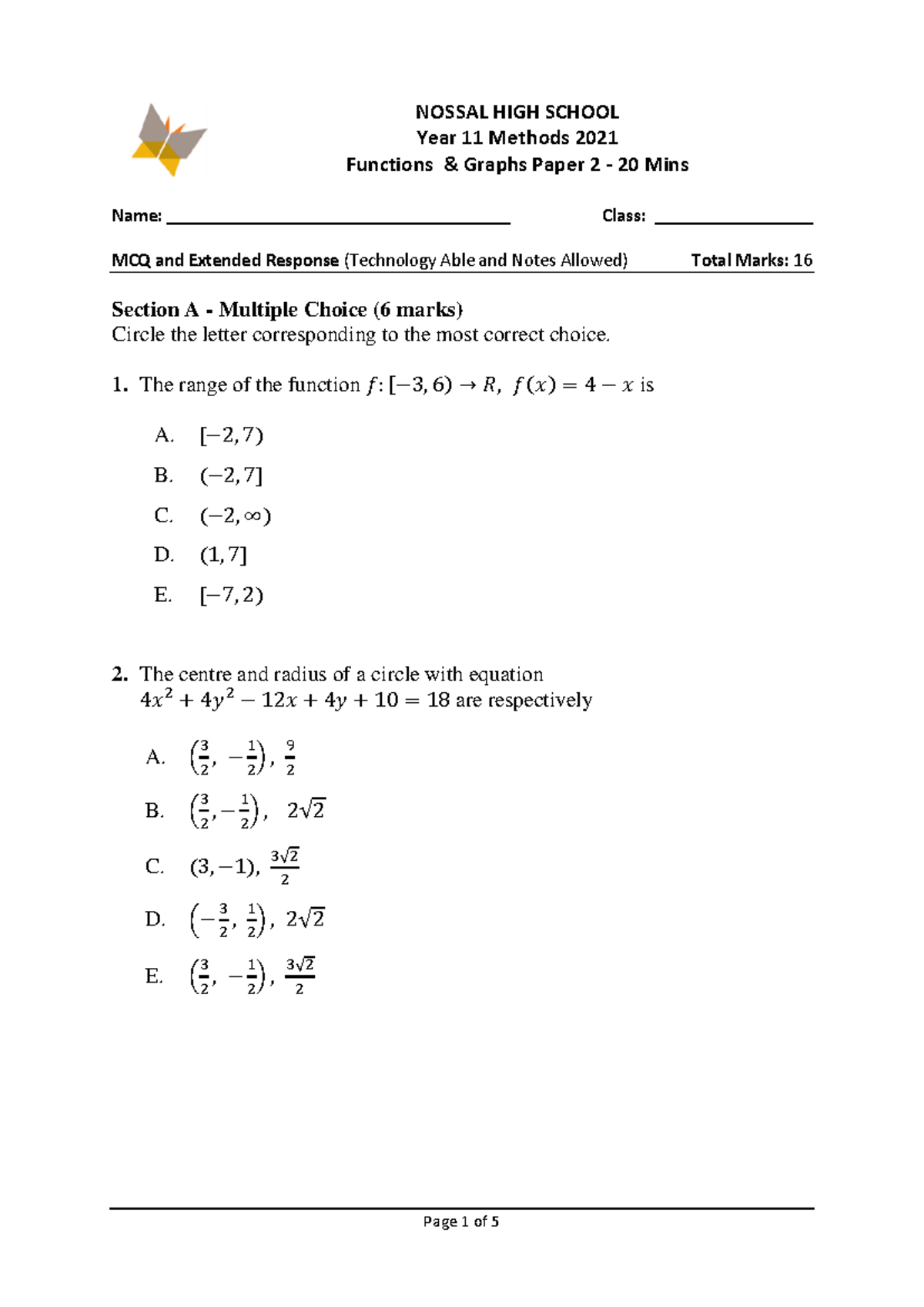 MM12 Functions and Graphs Test 2021 - Tech Able - v4 - NOSSAL HIGH ...