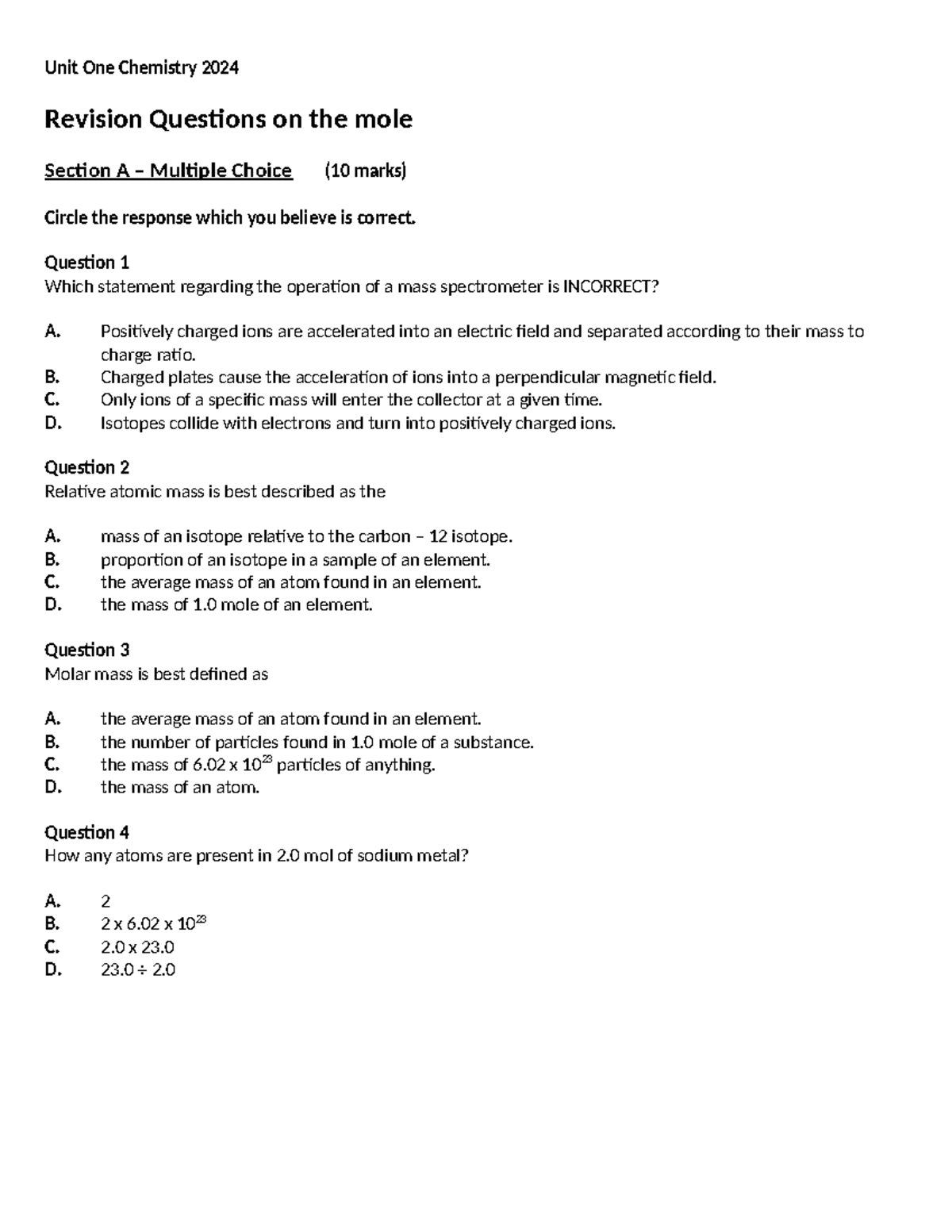 Revision Questions on the Mole - Revision Questions on the mole Section ...