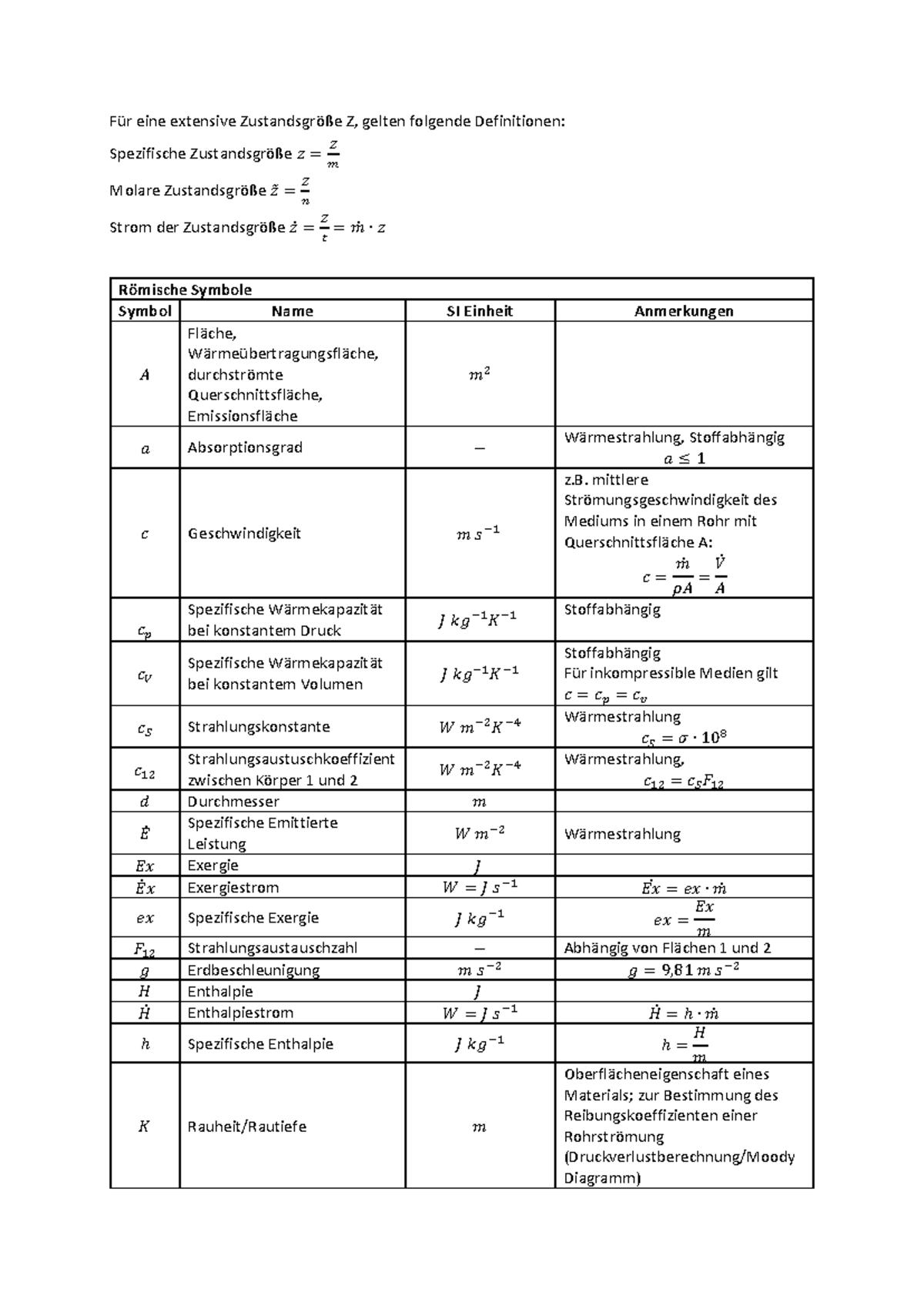 Symbole - Für eine extensive Zustandsgröße Z, gelten folgende ...