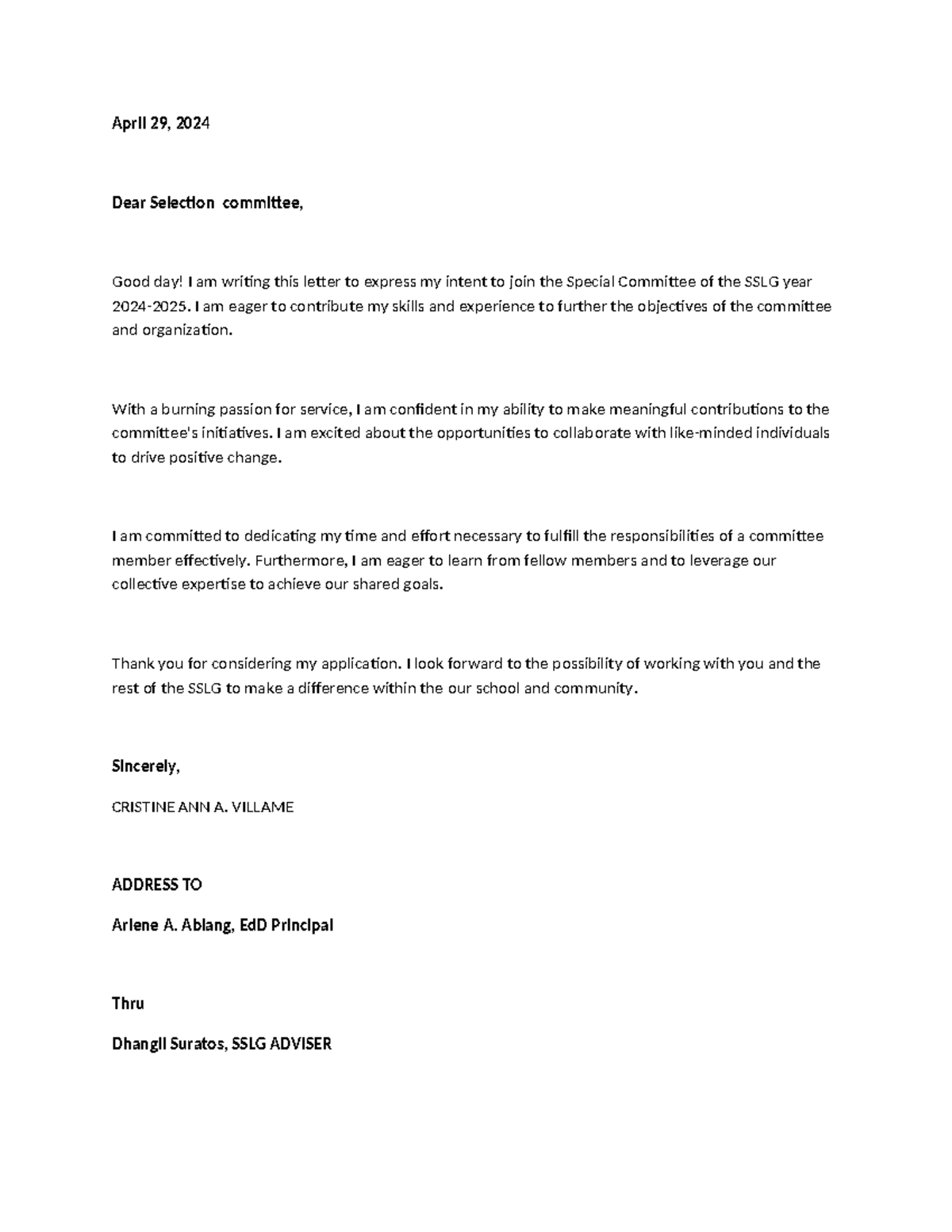 Sc - Grade 10 Quarter 4 - April 29, 2024 Dear Selection committee, Good ...