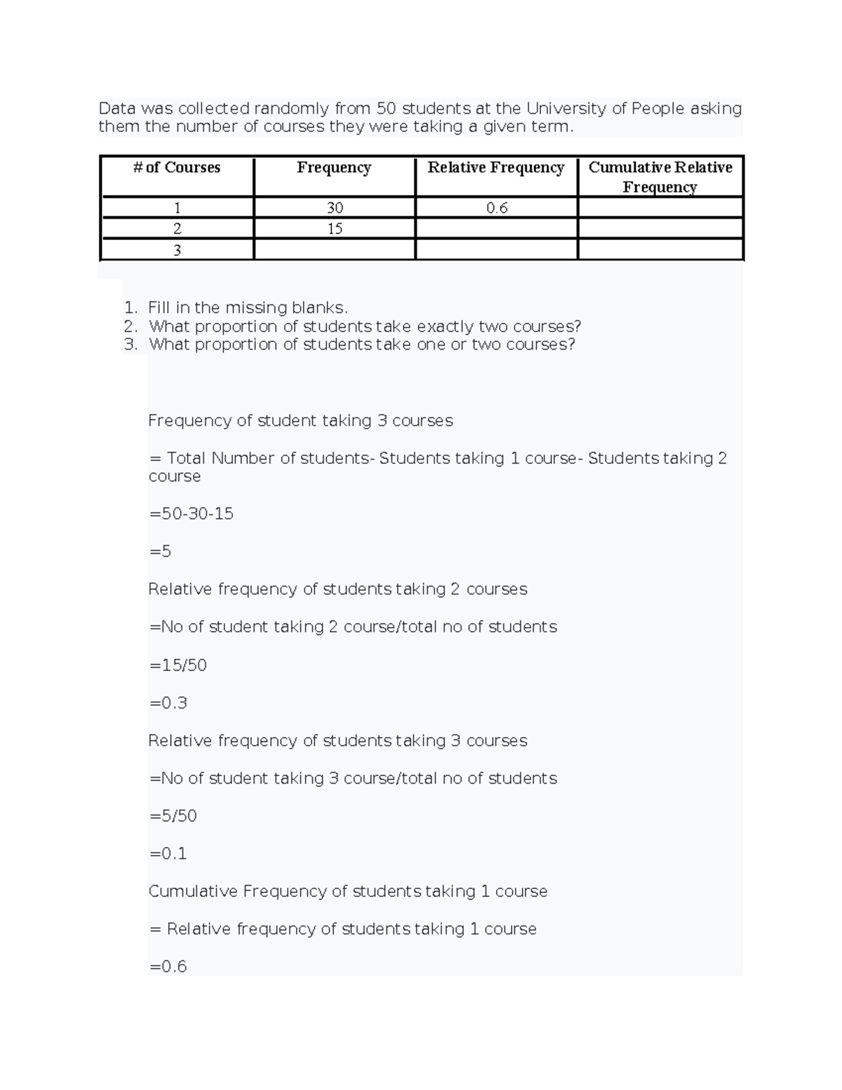 Math - assignment - Data was collected randomly from 50 students at the ...