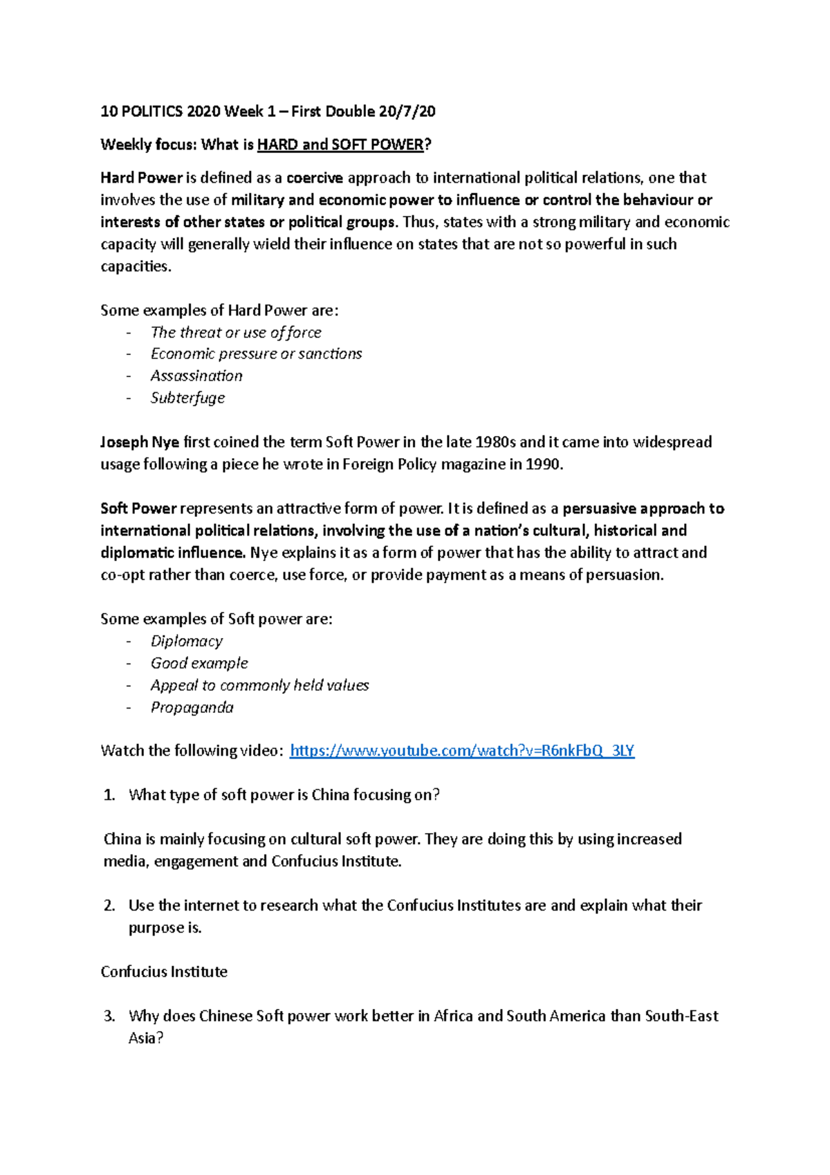 Semester 2 Week 1 Work - revision - 10 POLITICS 2020 Week 1 – First ...